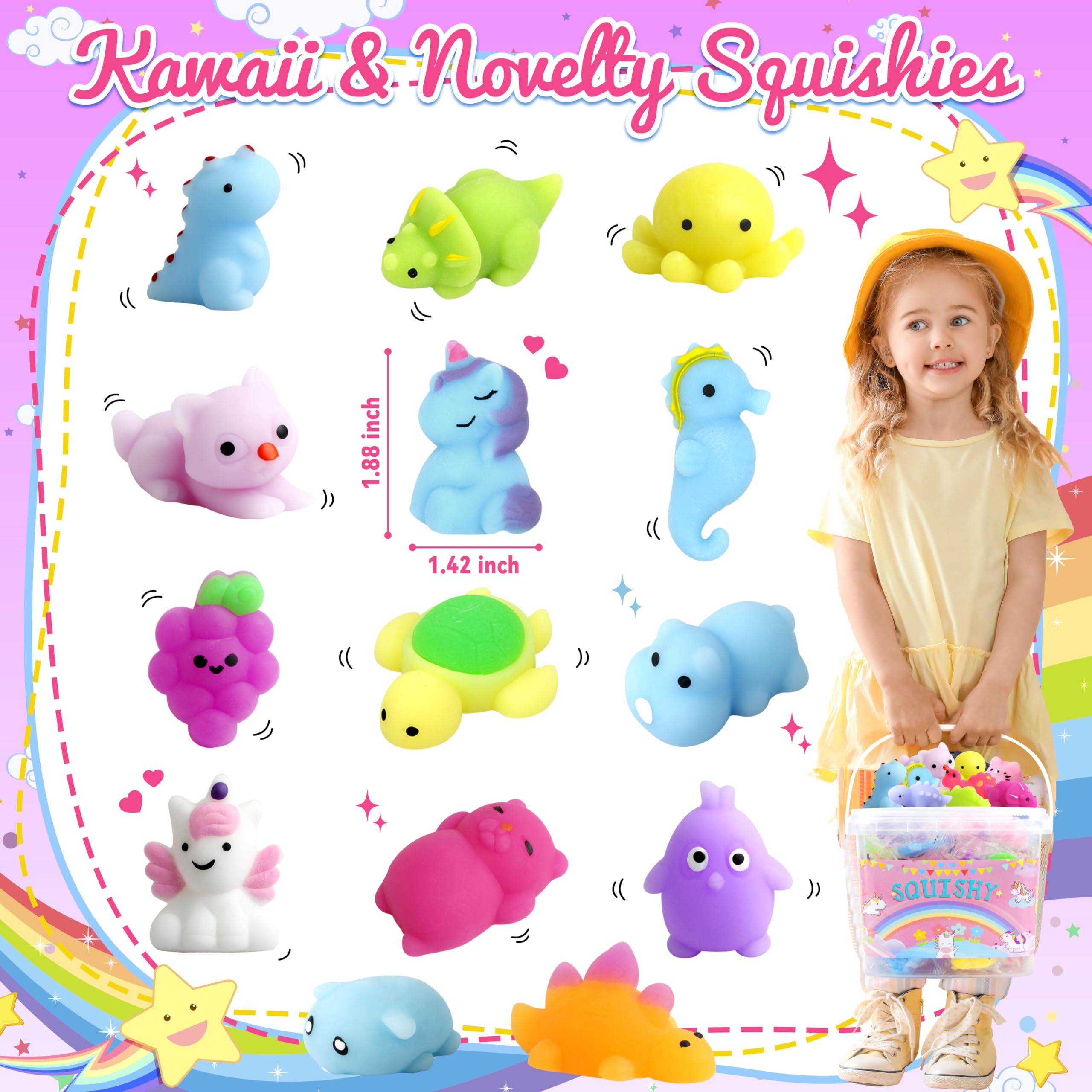 150 Pack Mochi Squishy Toys Kawaii Squishies Stress Relief Toys Pack for Kids Boys Girs Party Favors Bulk Easter Egg Fillers Easter Hunt Basket Pinata Stuffers
