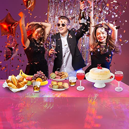 4 Pack Hot Pink Iridescence Plastic Tablecloths Shiny Disposable Laser Rectangle Table Covers Holographic Foil Tablecloth Party Decorations Birthday Bridal Wedding Christmas, 54 x 108 Inch
