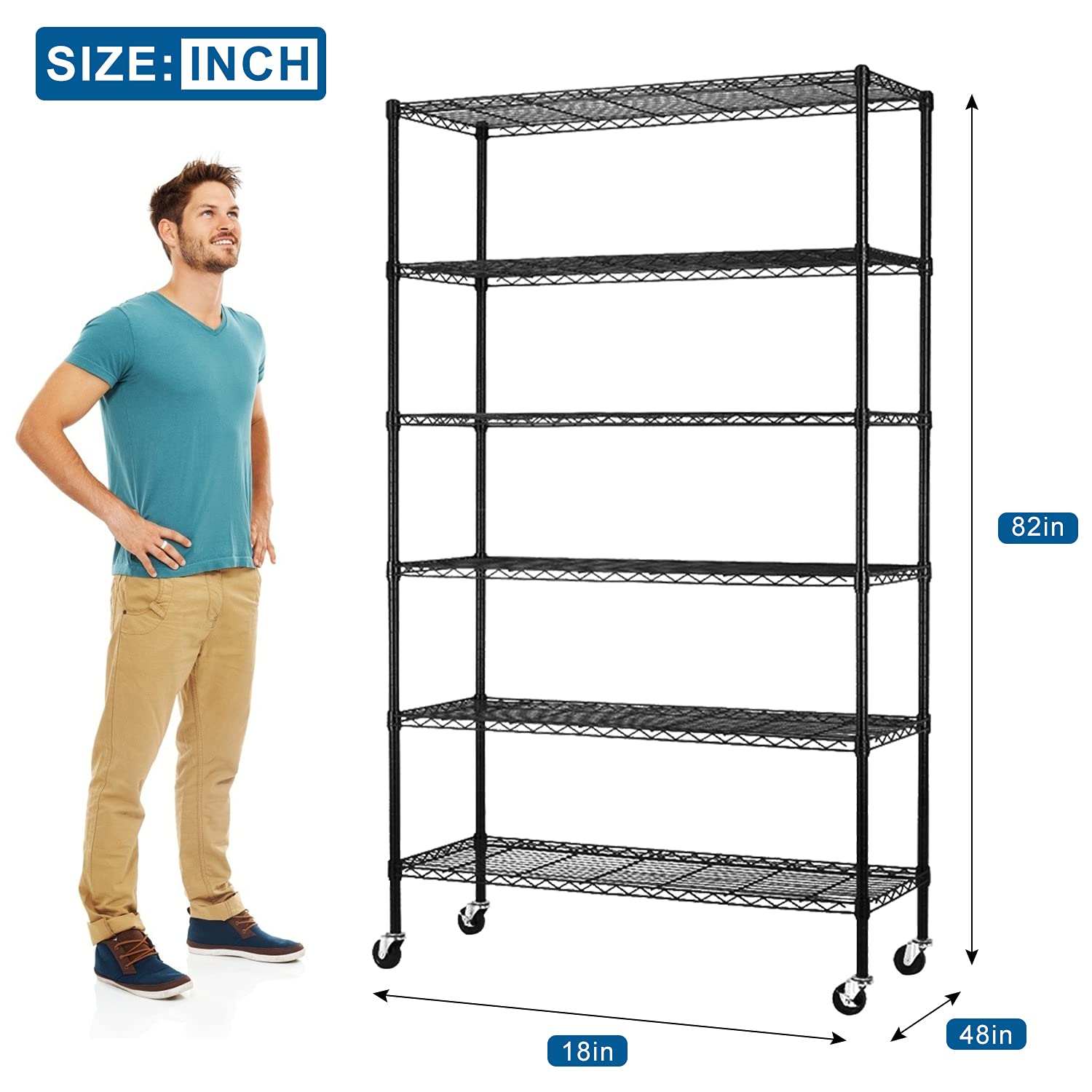 FLL 6 Tier Metal Wire Shelving Unit Garage Shelving Wire Shelving for Garage Kitchen,NSF Certification Metal Storage Shelf Rack Shelf Heavy Duty Shelves Height Adjustable with Wheels,48×18×82,Black