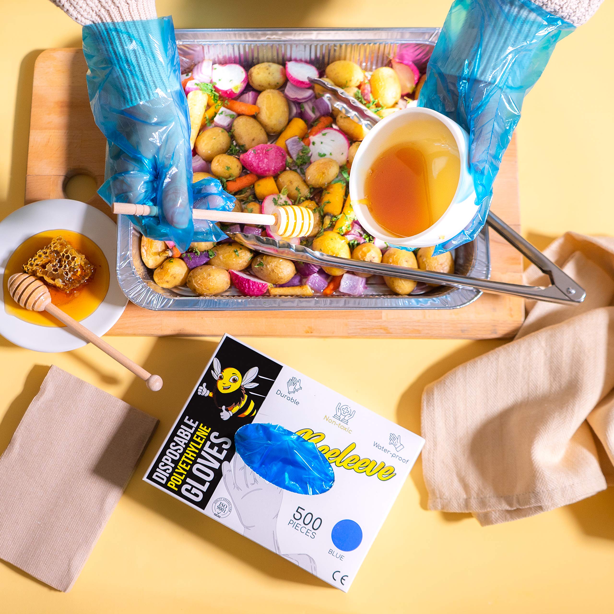 Beeleeve [500-Box Disposable Plastic Poly Gloves - One Size Fits Most - Color Variants - Single-Use Hand Covers for Food Safe Handling, Preparation, Kitchen, Cooking, Waterproof, Bulk (b - Blue)