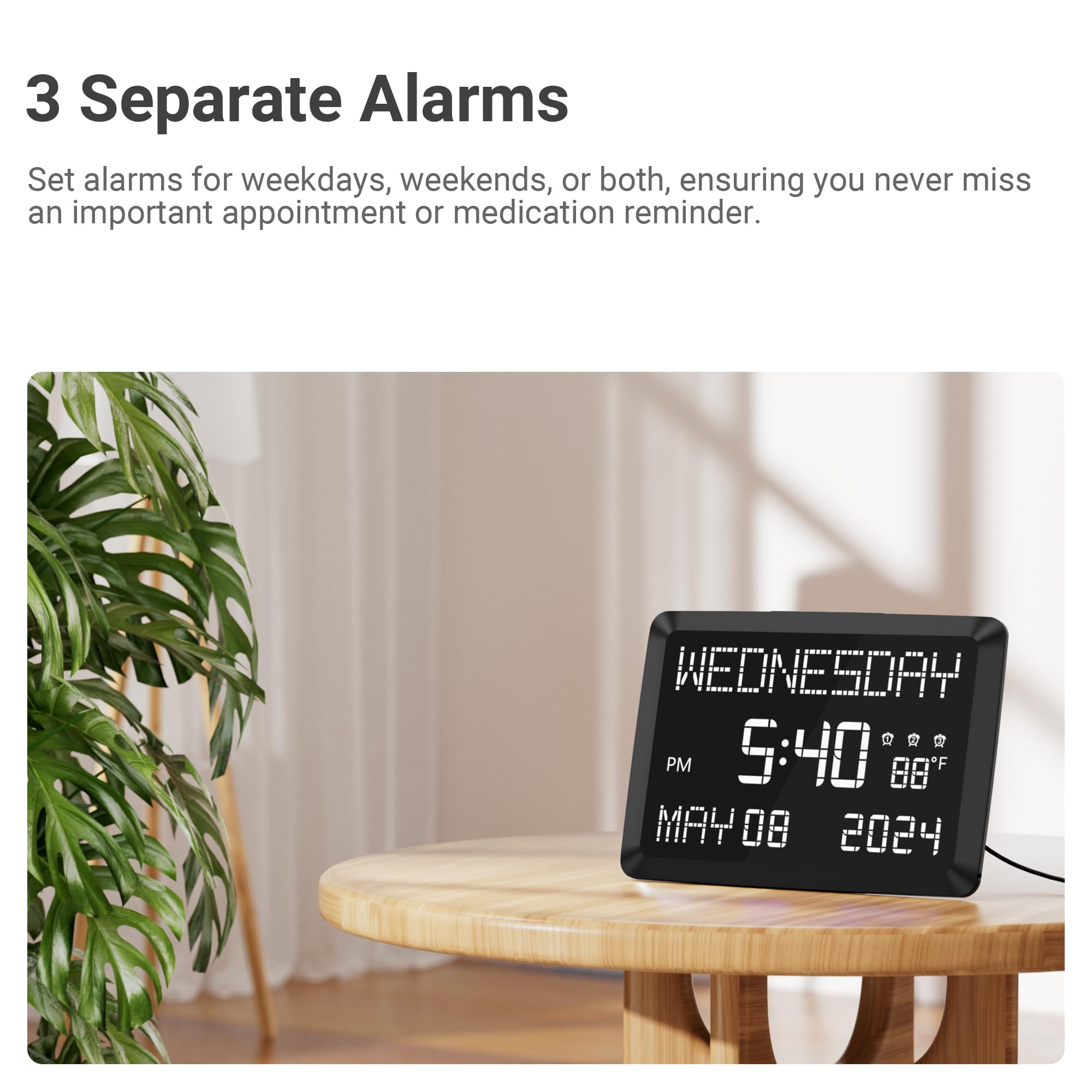 11.5โ Digital Wall Clock with Date,Time,Week,Indoor Temperature,3 Alarms,5 Dimmer,2 USB Chargers,Battery Backup,Snooze,12/24H for Elderly,Parents,Impaired Vision,Dementia,Memory Loss,Office,Bedroom