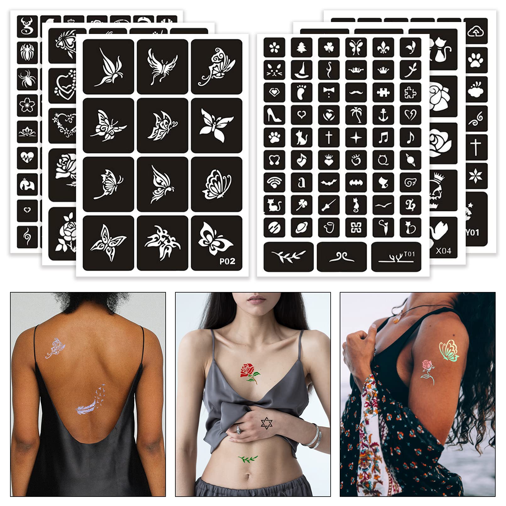 CUTELIILI Henna Tattoo Stencils Reusable for Women Girls and Kids, 200+ PCS Tattoo Templates, Airbrush Tattoo Stencil,Body Art Stencil Templates Chriatmas Gift Black