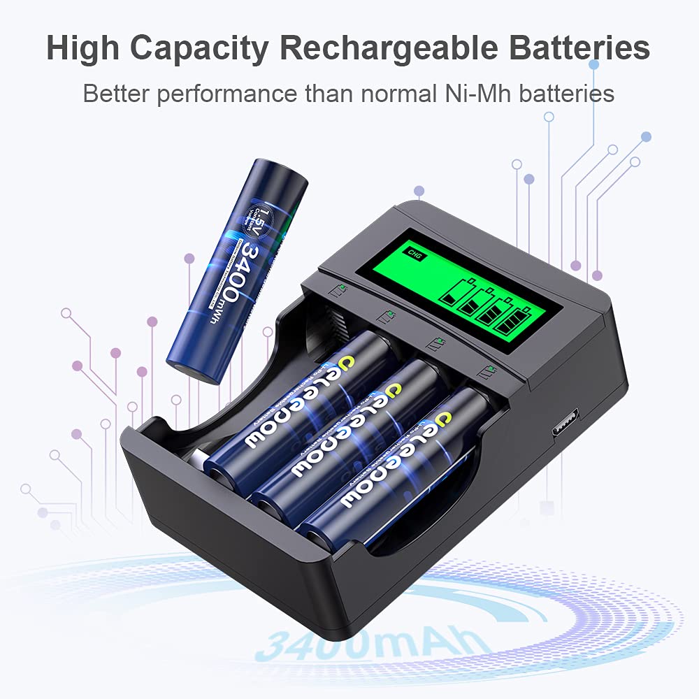 Deleepow Rechargeable AA Batteries with Charger, 3400mWh 1.5V, 2H Fast Charge Long Lasting for Household, Cordless Phones, Remote Controls, Electronics, 4 Packs