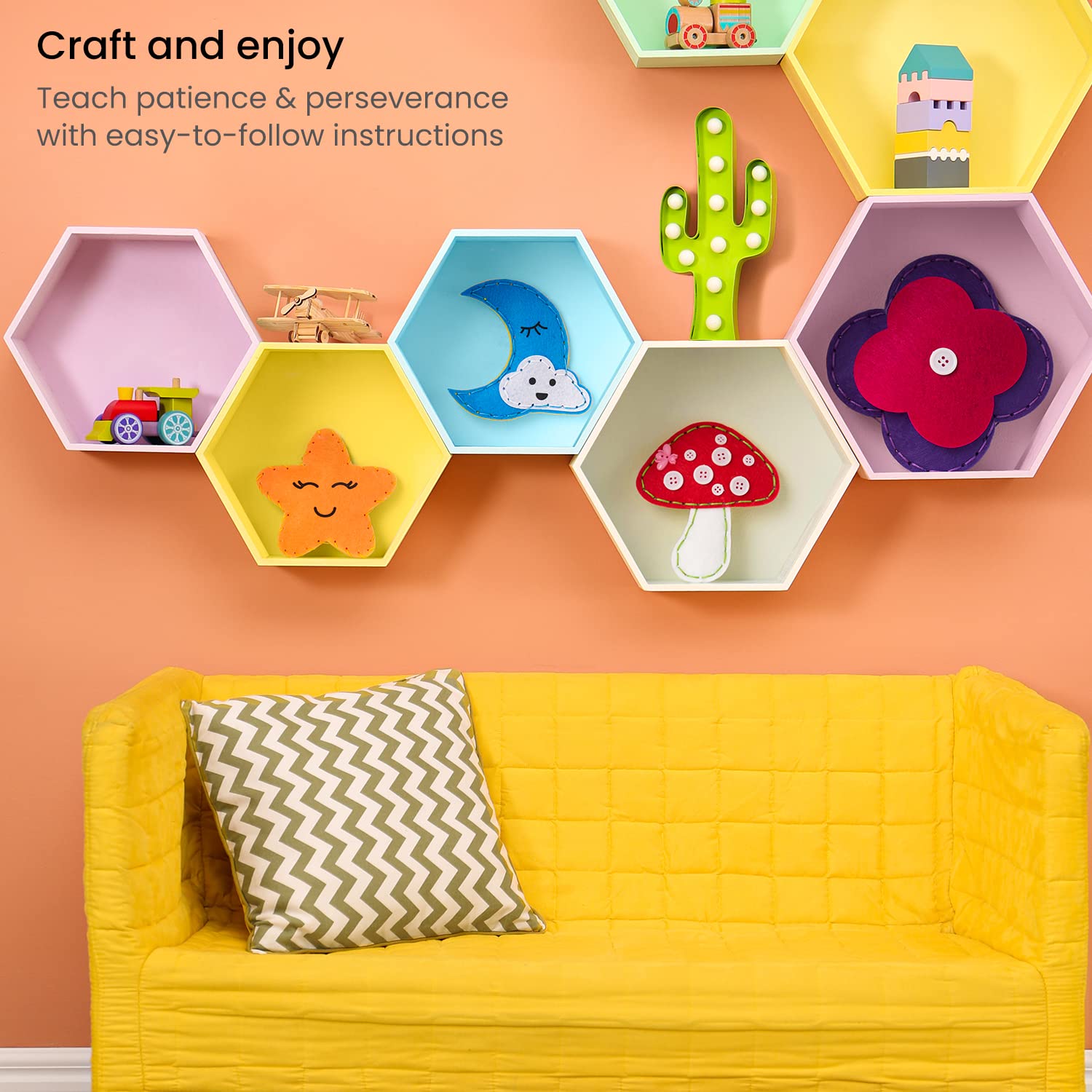 Arteza Kids Hand Sewing Kit, 5 Learn to Sew Plush Nature Crafts, 50 Pieces, Pre-Cut Felt Shapes, Plastic Needles, Plush Fill, Buttons, and Thread, Kids’ Craft Supplies with Instruction Guide
