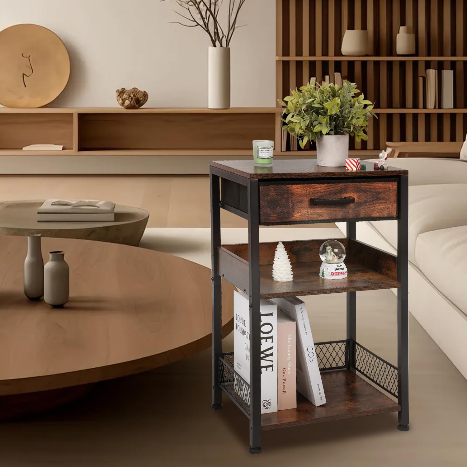 3 Tier End Table,Small Side Table with Storage Drawer,24.8 inch Tall Night Stand for Small Spaces, Brown Bedside Table,Side Table for Living Room,Bedroom,Office