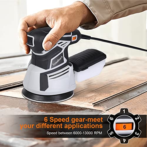 2.6A Random Orbital Sander,Towallmark 350W Orbital Sander with 6 Variable Speed,13000RPM Electric Sander with 12Pcs Sandpapers,1 Pcs Dust Box,Sander for Woodworking