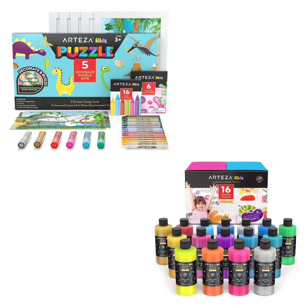 Arteza Kids Tempera Paint, Set of 16 Colors Coloring Puzzle Kit, Art Supplies for Painting, School Projects, and Crafting