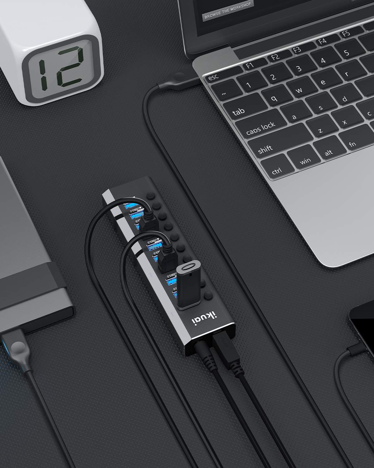 ikuai 5 Ports USB Hub with 4 USB Data Ports & 1 Fast Charging Port(12V/2A Power Adapter)+10 Ports USB 3.0 Hub with 12V 3A Power Adapter