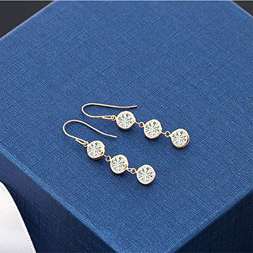14K Yellow Gold Forever Classic Moissanite by Charles & Colvard Dangle Long 3-Stone Earrings For Women (3.00 Cttw, Gemstone Birthstone, Round 5MM, 1 Inch)