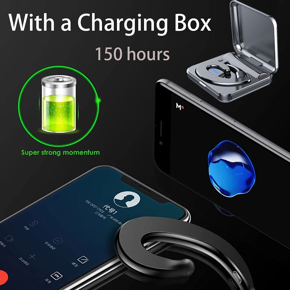IKXO Ear Hook Bluetooth Headphones Wireless - Lightweight Single Ear Painless Noise Cancelling Earphones Waterproof with Ear Plug Charging Case 150H