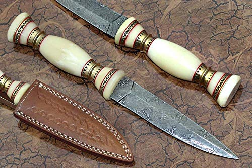 11" Custom made Hand Forged Damascus steel Dagger hunting Knife, Round grip Camel Bone scale crafted with engraved brass spacer, Cow hide Leather Sheath included with belt loop