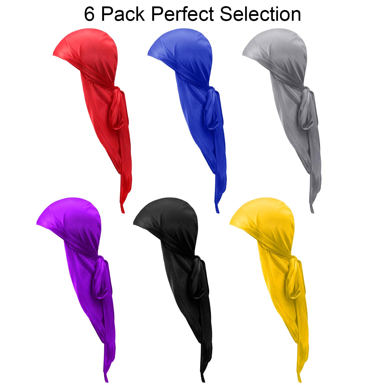 SATINIOR 6 Pieces Kids Satin Silk Durag Caps Wave Wide Strap Headwraps Long Tail Turban Beanies for Boys Girls, Multicoloured, Medium