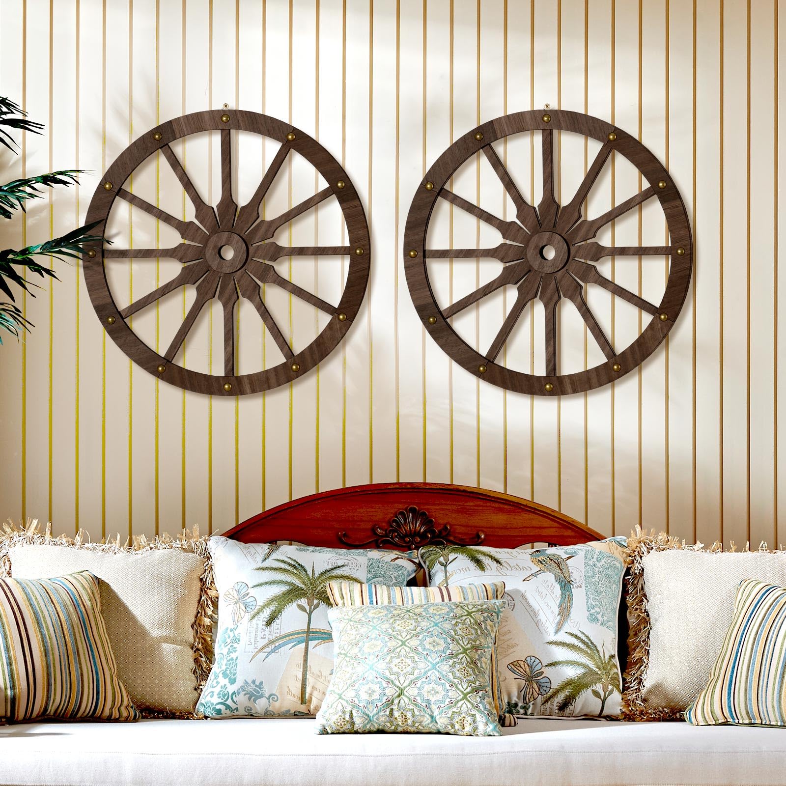 2 Pcs 12 in Farmhouse Rustic Wagon Wheel Wooden Decoration Western Cowboy Style Home Decorations with Metal Hooks 3D Structure Style (Brown 3D)