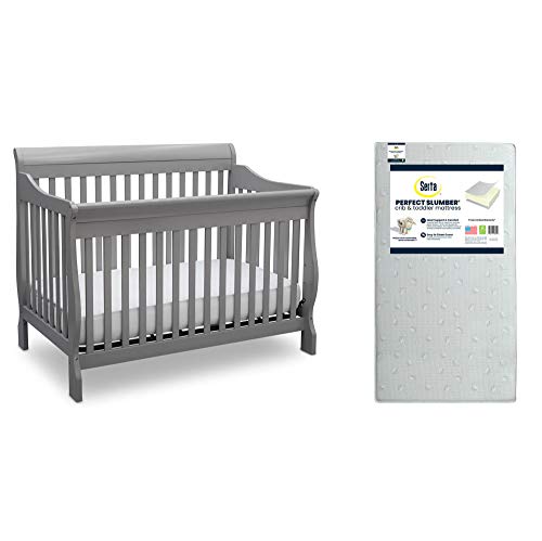 Delta Children Canton 4-in-1 Convertible Crib, Grey + Serta Perfect Slumber Dual Sided Recycled Fiber Core Crib and Toddler Mattress (Bundle)