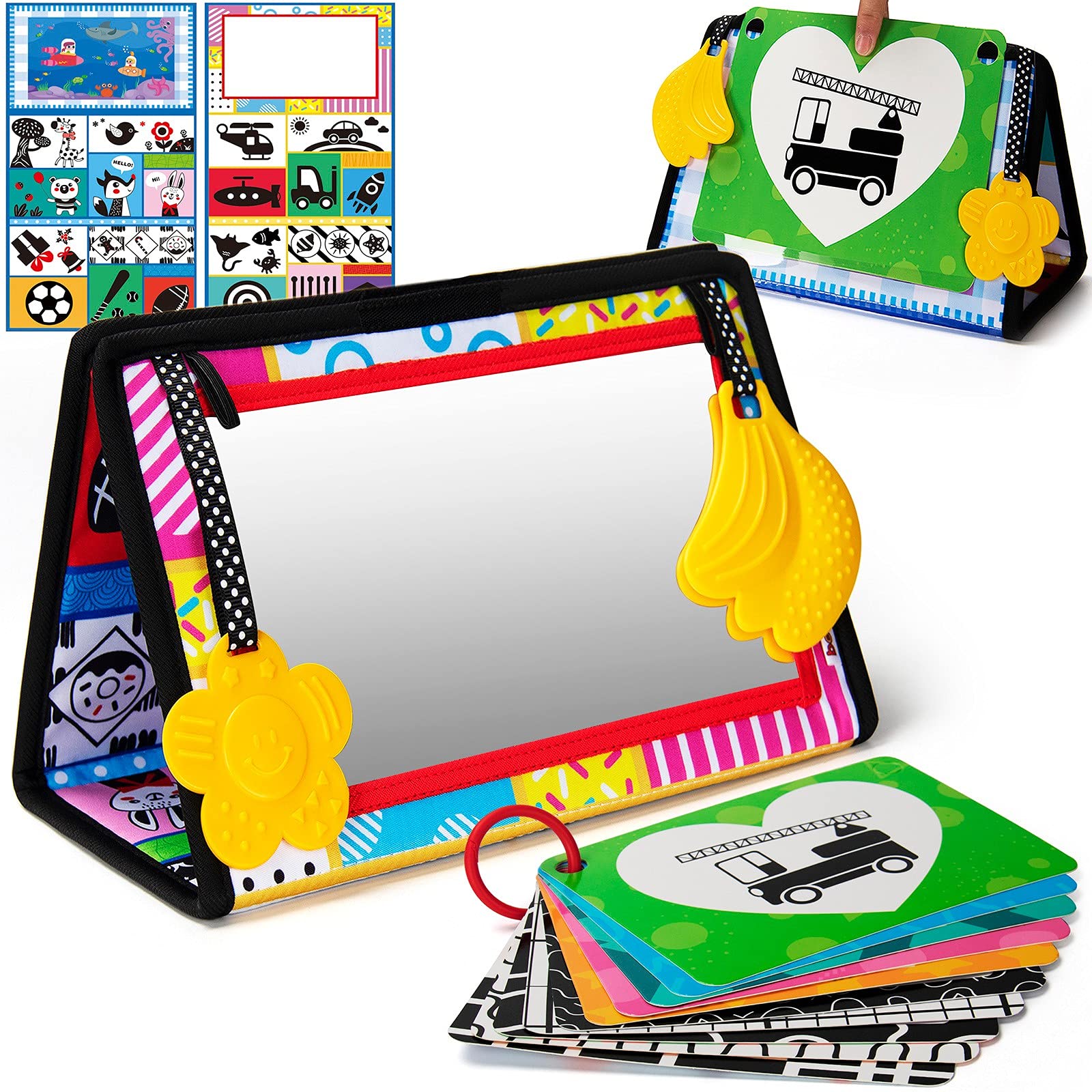 beetoy Baby Tummy Time Mirror Black and White High Contrast Mirror Toys with 10 Flash Cards 2 Teether, Developmental Timmy Time Toys for Newborn Infant 0 3 6 Months Gift