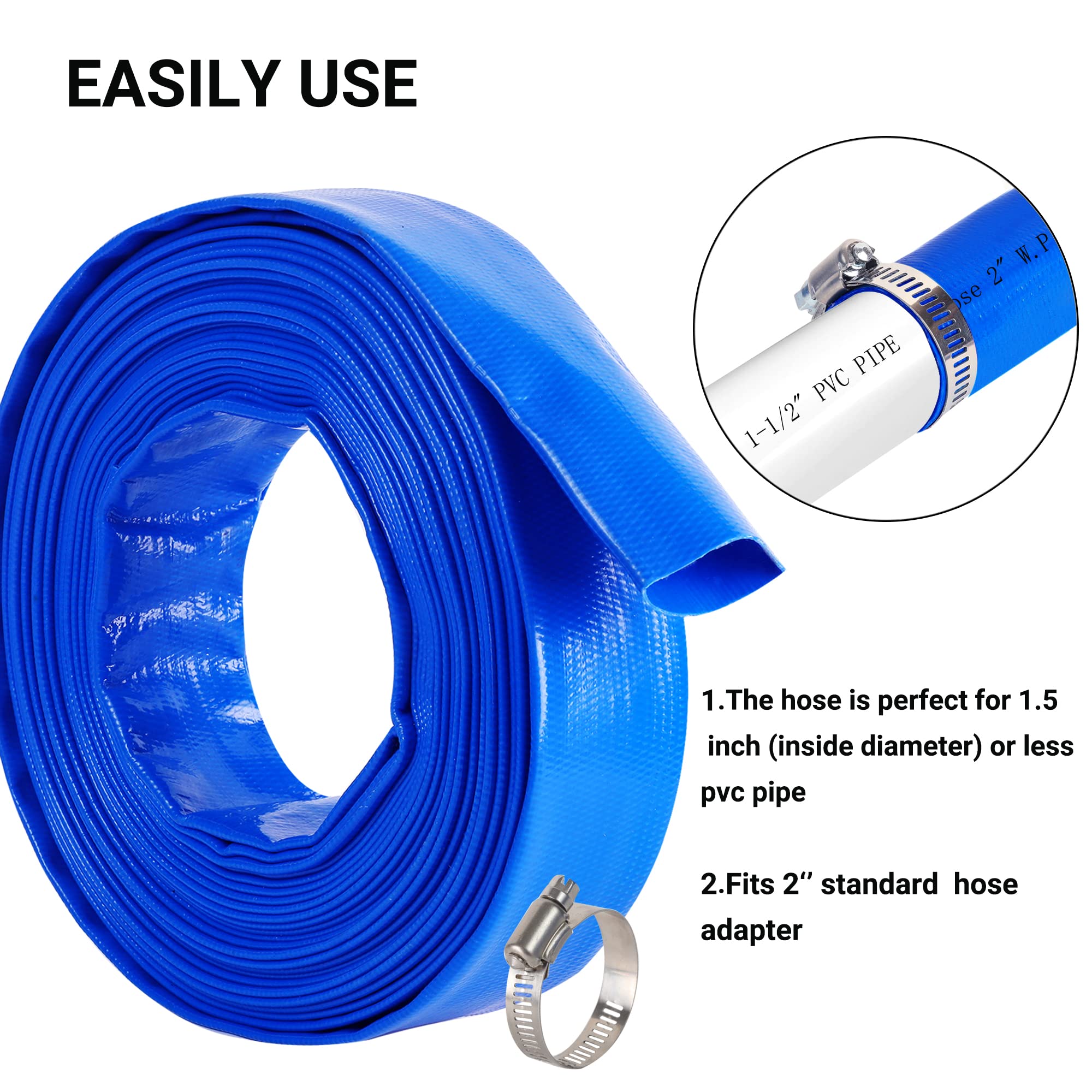 2" x 50 FT Pool Backwash Hose Blue Heavy Duty Reinforced PVC Lay Flat Water Discharge Hose for Swimming Pool Filter Pump,with 1 Clamp