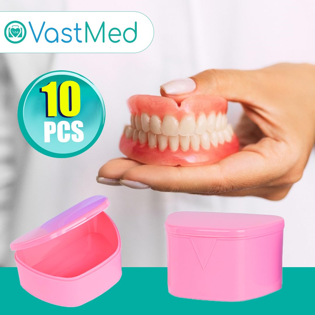 10PCs Dental Grade Trapezoid Denture Bath Case by VASTMED | Retainer Case Tooth Case Denture Box Denture Storage Boxes | Denture Cleaner Cup Travel Portable Denture Box for Home Office