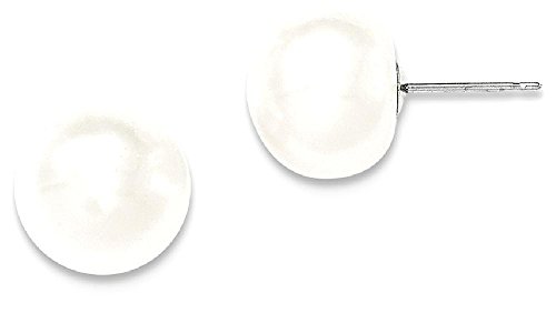 14K White Gold 11mm Button Freshwater Cultured Pearl Stud Earrings