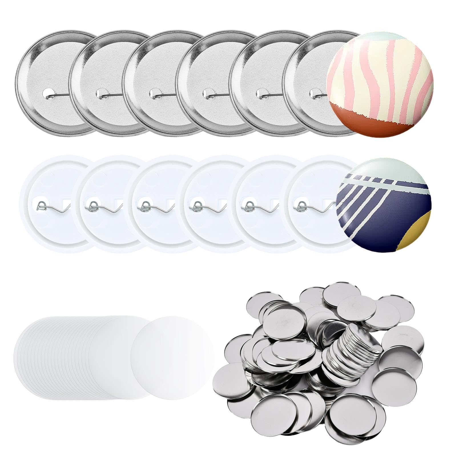 110 Pcs Blank Button Making Supplies for Button Maker Machine Round Badge Pin Button Parts, 58mm 44mm Metal Shells Back Cover Pin with Clear Film,for Crafts Supplie(Silver,White)