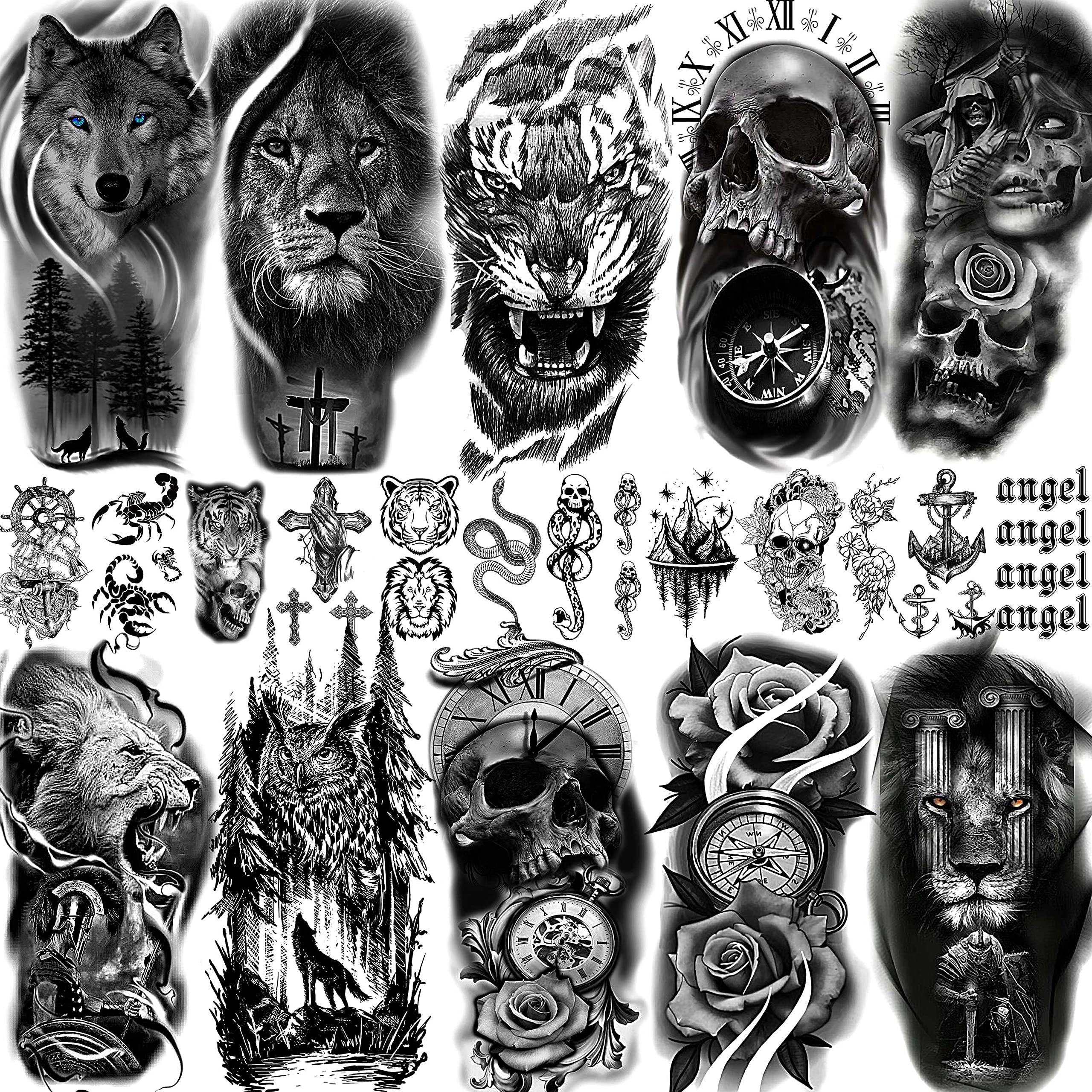 FANRUI 22 Sheets Realistic Black Animals Temporary Tattoos For Women Men Half Arm Sleeve, 3D Large Tribal Tiger Lion Death Skull Fake Tattoo Stickers Halloween, Flower Compass Wolf Owl Tatoos Anchor