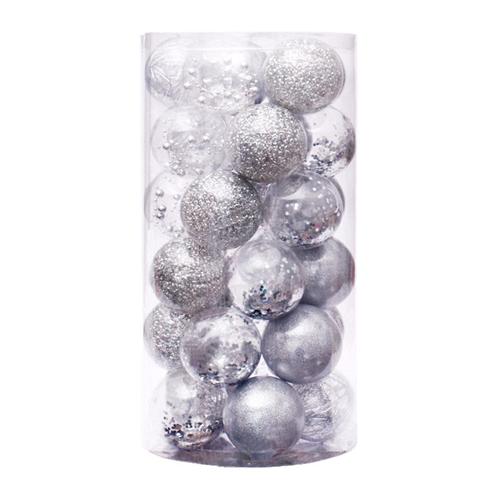 24ct 60mm/2.36" Glitter Christmas Balls Ornaments Shatterproof Clear Plastic Fillable Sphere Balls Ornaments for Xmas Tree Home Decoration (Silver)