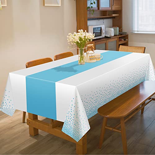 4 Pack Disposable Plastic Table Cloths for Parties,White and Light Blue Dot Plastic Tablecloth Disposable Rectangle Table Covers for Wedding Birthday Baby Shower First Communion Decorations 54" x 108"