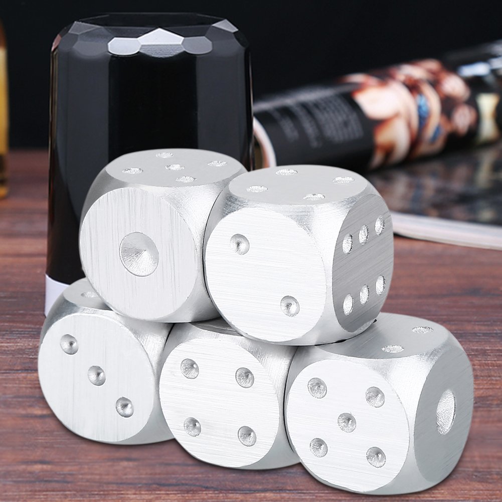 5pcs Table Game Dice, Aluminium Alloy Table Game Poker Games Dices Set with Storage Box for Table Games Poker Monopoly(Silver-Rectangle Box)