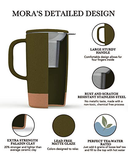 Mora Ceramics Large Tea Mug with Loose Leaf Infuser and Ceramic Lid, 18 oz, Portable, Microwave and Dishwasher Safe, Tall Coffee Cup - Rustic Matte Ceramic Glaze, Modern Herbal Tea Strainer, Olive