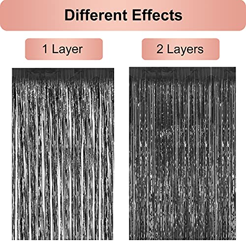 4 Packs 2 Black and 2 Rose Gold Foil Fringe Curtains, 3.2 ft x 8.2 ft Tinsel Curtains with Adhesive, Photo Booth Backdrop for Birthday, Graduation Party Decorations (Black and Rose Gold, 4pcs)