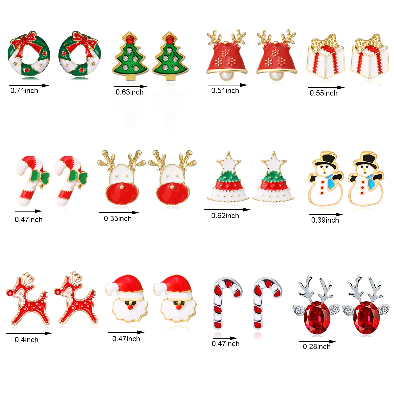 12Pairs Christmas Stud Earrings for Women Christmas Tree Snowflake Penguin Candy Cane Stud Earrings Holiday Earrings for Womens Christmas Gift