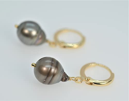 14K Gold Filled Genuine Tahitian Black Pearl Hoop Earrings for Women