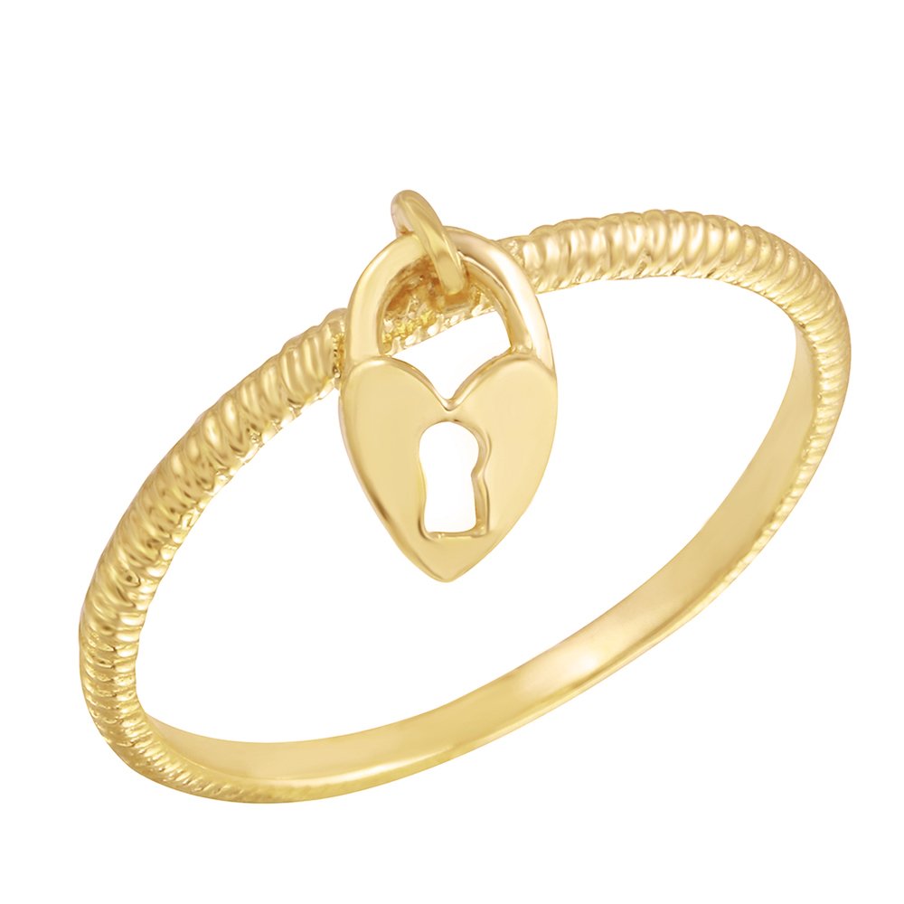 14k Yellow Gold Love Heart Lock Dangle Rope Style Ring (Size 4.75)