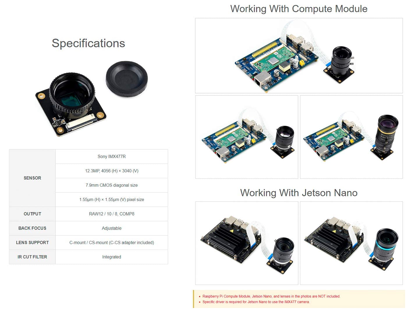 Bicool IMX477 Sensor 12.3MP Camera for Compute Module 3/ CM3 Lite/ CM3+ / CM3+ Lite/Jetson Nano,Supports C/CS Lenses,High Resolution High Sensitivity