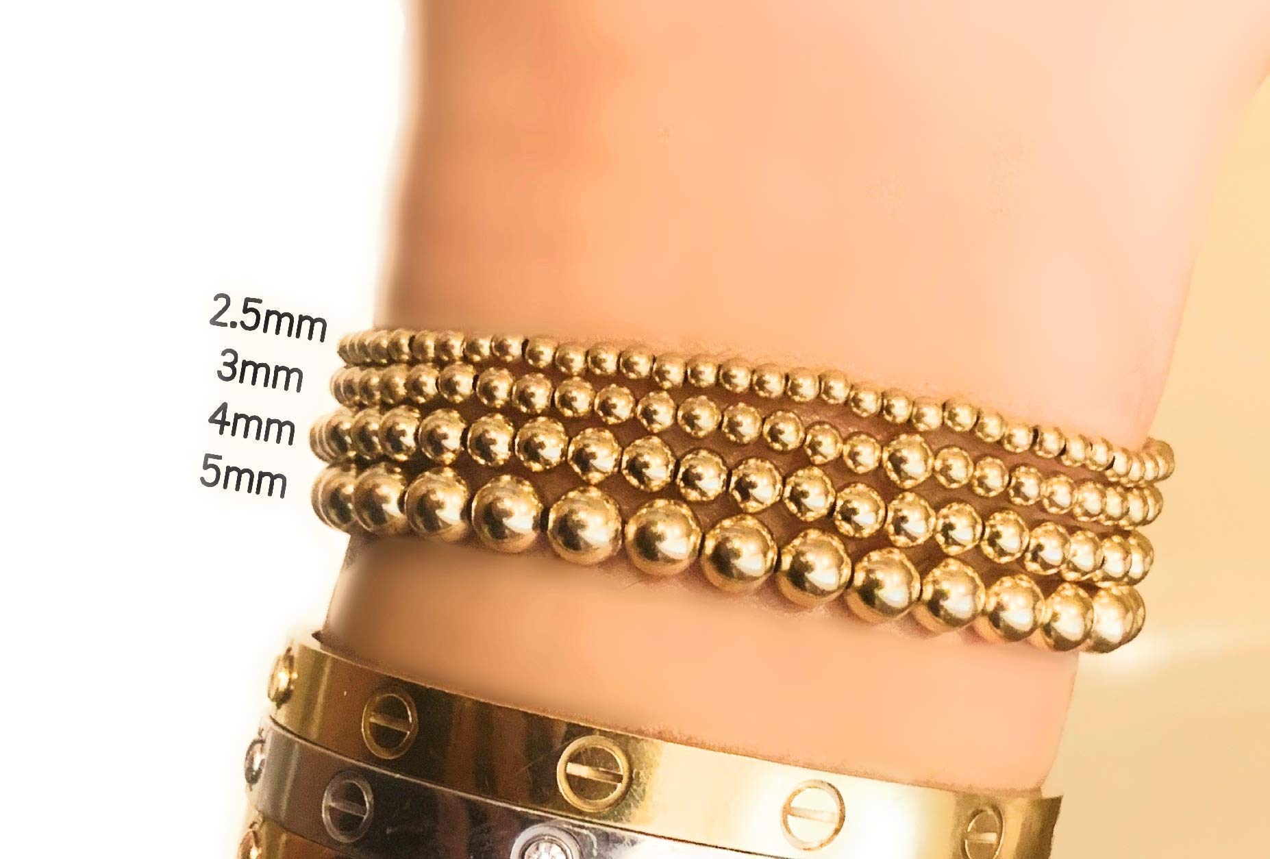 14k Gold Filled Beaded Ball Bracelet, 4mm, Dainty Layering Jewelry, Stacking Stretch Bracelets (6)