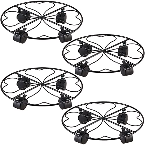 4 Packs Metal Plant Caddy with Wheels 12β Heavy-Duty Wrought Iron Rolling Plant Stands with Casters Indoor and Outdoor Plant Pot Roller Base Plant Movers Saucers with Wheels, Glossy Black