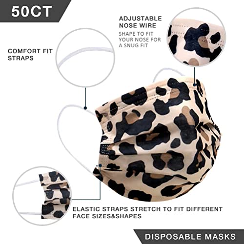 Disposable Face Mask - 50pcs Comfortable Protective Mouth Cover,Printed Cheetah Face Mask Adults, 3-Ply Breathable Safety Mask for Indoor Outdoor Home Office Travel (Leopard)