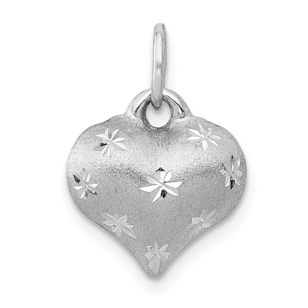 14K White Gold Satin and Diamond Cut Puffed Heart Charm Pendant