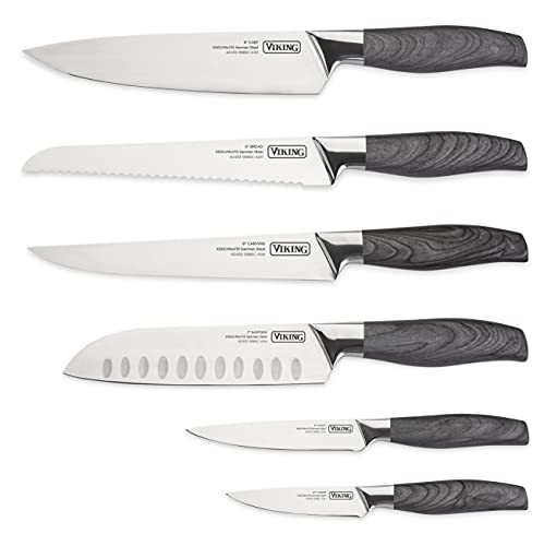 Viking Culinary German Steel Hollow Handle Cutlery Set, 6 Piece, Includes Protective Plastic Sleeve, All Essential Knife Types, Dishwasher Safe, Ash Wood Pattern Handles
