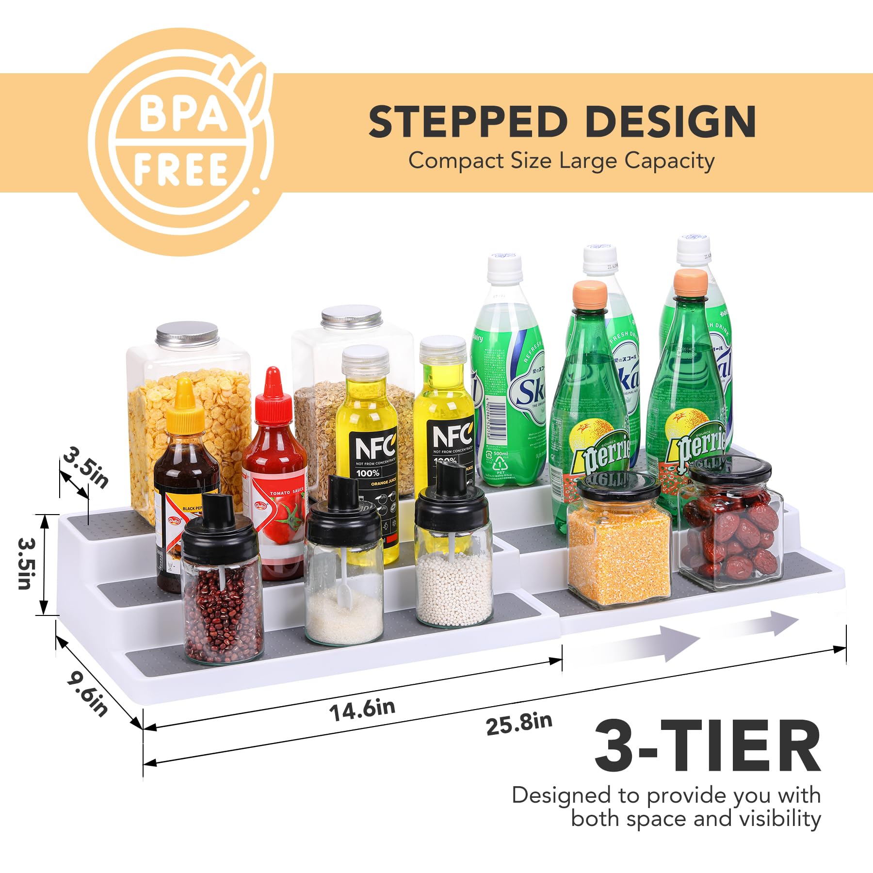3-Tier Spice Rack, Plastic Spice Rack Organizer for Cabinet, Non-Skid Spice Shelf Organizer for Kitchen Cabinet, Countertop or Pantry, 3 Pack, White/Grey