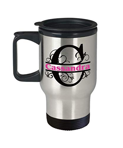 Cassandra Travel Mug Coffee Cup Gift Custom Personalized Name Letter C Monogram Insulated Commuter