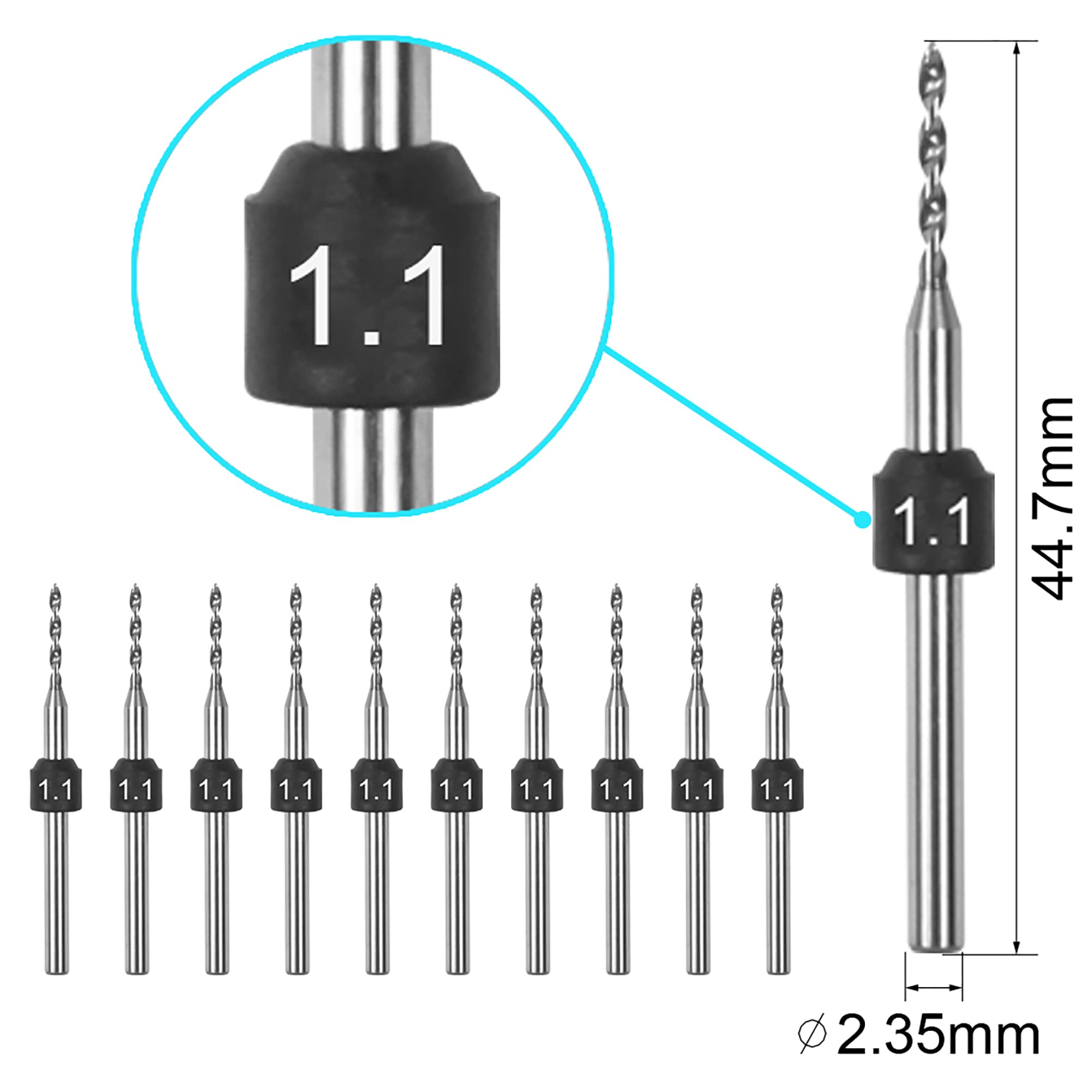 10Pcs PCB Drill Bit Set - Micro Drill Bits, Spiral Flute Carbide 2.35mm Shank Tiny Drill Bit Hole Drilling Tool for DIY, Jewelry, Amber, Beads (1.1mm 10pcs)