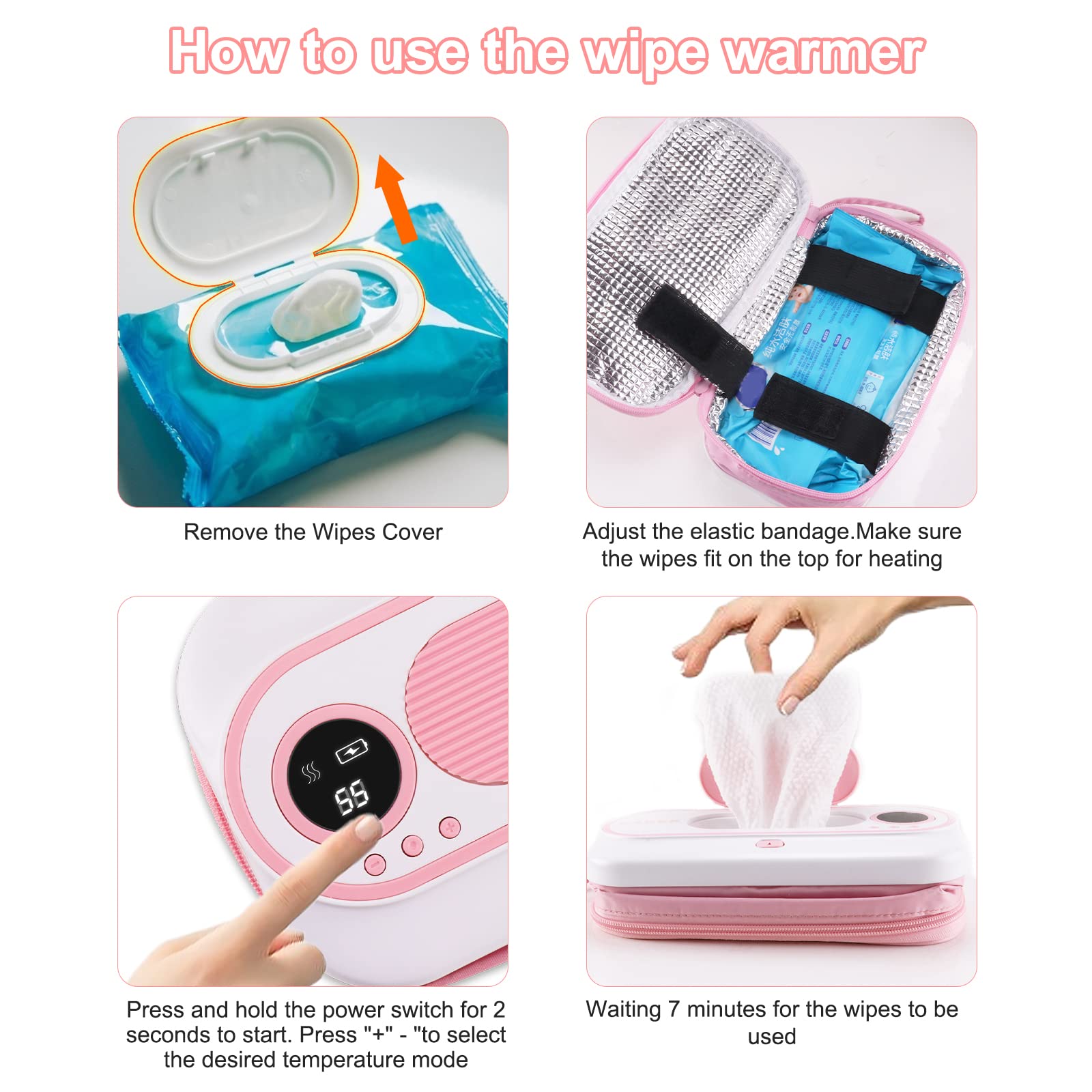 Portable Wipe Warmer, Baby Wipes Dispenser with 2 Modes of Temperature Heating Control, BPA-free Smart Led Display Baby Diaper Wipe Warmer for outdoor&indoor, without charging Can Last 4 Hours