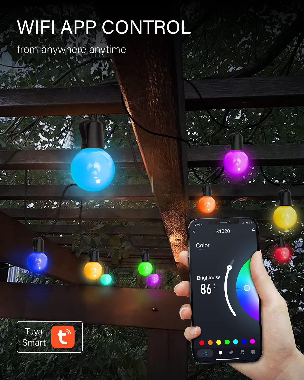 ASAHOM Smart LED Outdoor String Lights, 50ft G40 RGB Globe Patio Lights, 25 Shatterproof Multi-Color LED Bulbs, Voice & WiFi APP Control, Waterproof Connectable Hanging Lights for Garden Party Decor