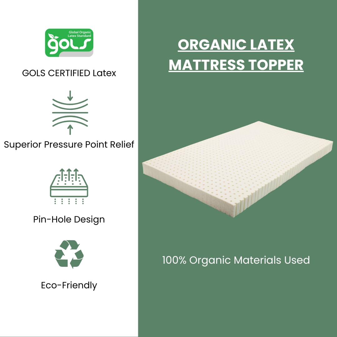 3" Inch Organic Latex Mattress Topper Pad (Medium, Queen Size) GOLS Certified, Back Pain Relief Support, Hypoallergenic, Cooling and Breathable