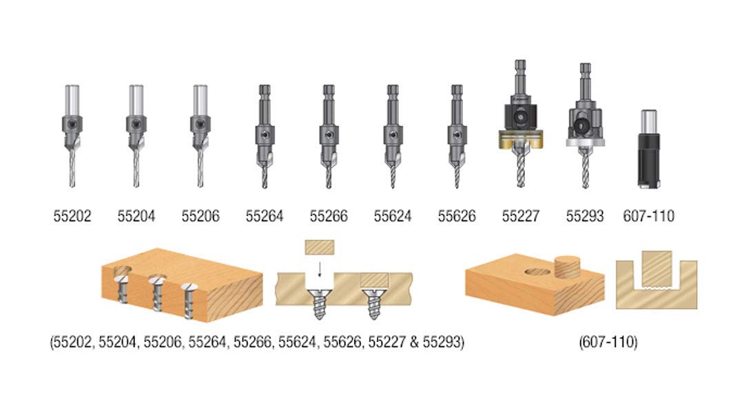 Amana Tool AMS-620 10-Pc Carbide Tipped Countersink with Adjustable Depth Stop and No-Thrust No Marring Ball Bearing Master Set