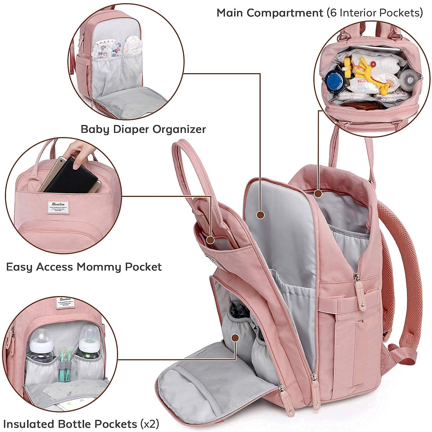 RUVALINO Diaper Bag Backpack, Stroller Hooks, Multifunction Travel Baby Back Pack with Changing Pad, Universal Stroller Clips for Mom Girls