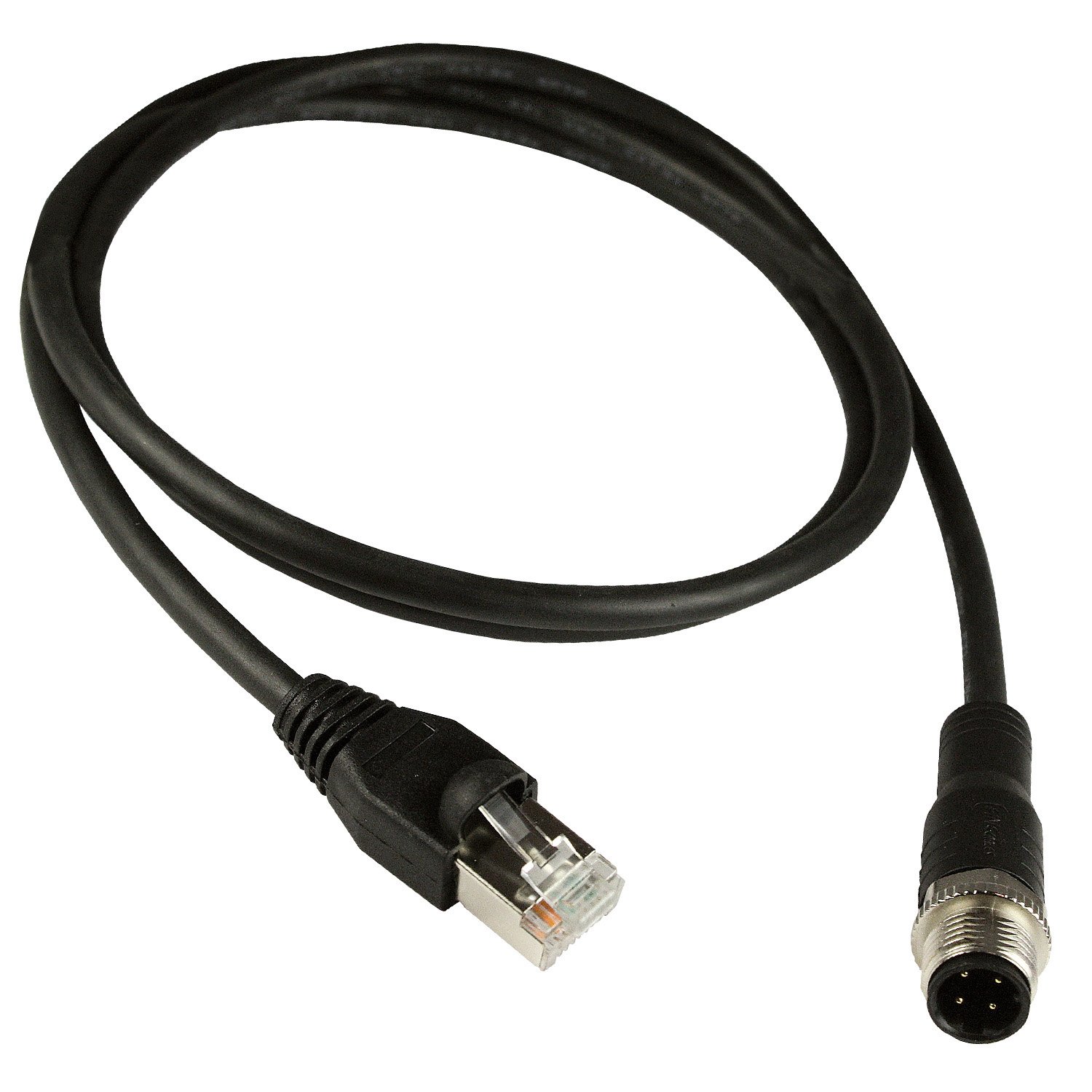 ASI ASI-M12-RJ45-11103 M12 3 Meter M12 to RJ45 ethernet Cable with a M12 4-pin Connector D-Coded Male to RJ45 Male Shielded Cable Assembly, Cat5e SFTP 24 AWG with Black PUR Jacket, 3 m
