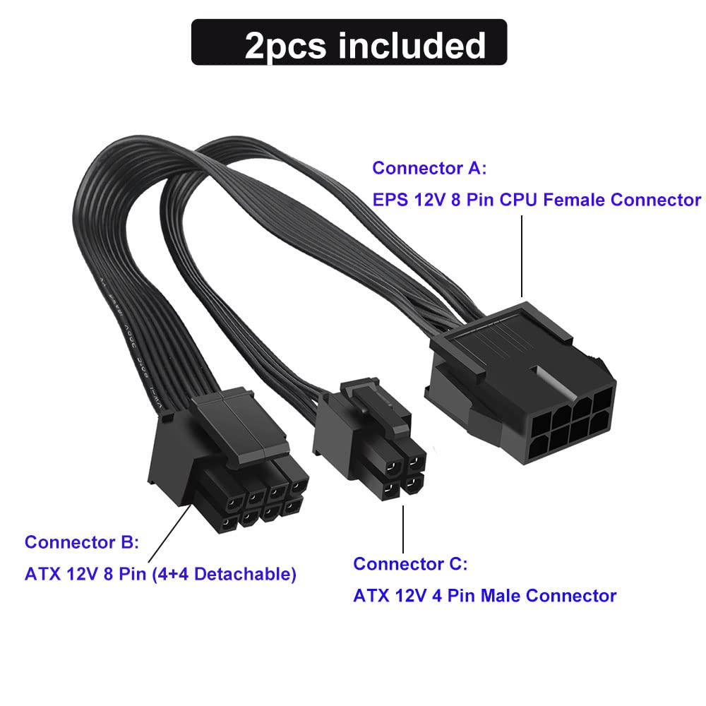 OwlTree 2 Pack EPS12V CPU 8 Pin Female to CPU ATX 8 Pin and ATX 4 Pin Male Power Supply Extension Cable EPS 12V for Motherboard 10.6 inch
