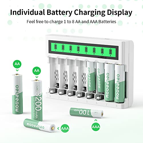 Deleepow 3200mAh Ni-MH AA Rechargeable Batteries High Capacity 8 Pack AA Batteries and 8-Bay AA AAA Individual Rechargeable Battery Charger