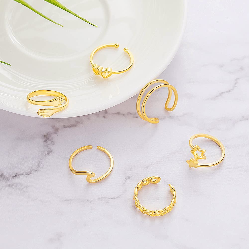12PCS Adjustable Rings for Women Knuckle Rings Wave Heart Star Hug Link Open Rings Simple Stackable Thumb Rings Silver Rings Set for Teen Girls